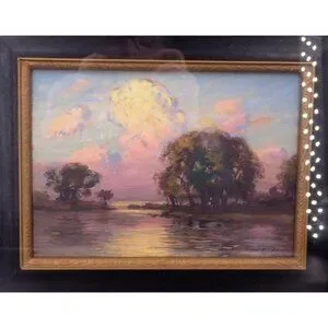 Art | John Colin Forbes Sunset Near Lake And Trees Oil Original Wood ...
